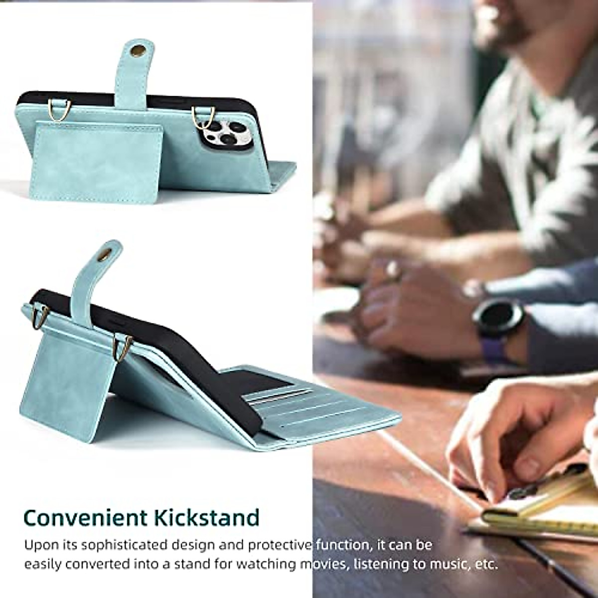 QIXIU for iPhone 16 Pro Wallet Case[13 Card Slots]:Multi-Function,Detachable 3 in 1,Flip Strap Zipper Card Holder Phone Case with Shoulder Straps(Blue)