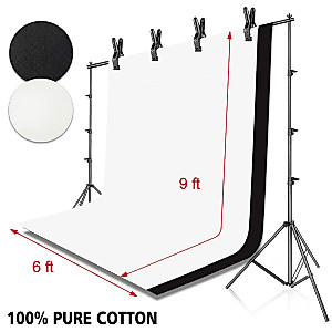 HYJ-INC Photo Background Support System with 8.5 x 10ft Backdrop Stand Kit, 100% Cotton Muslin Backdrop (White Black),Clamp, Carry Bag for Photography Video Studio