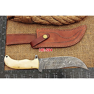 HUNTEX Handmade Hand-Forged Twist Pattern Damascus Steel 11 Inch Long Full Tang Camel Bone Handle Razor Sharp Hunting Camping Trail Knife w/Genuine Leather Sheath