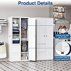 PEUKC Metal Storage Cabinets with Locking Doors, 67" Freestanding Clothing Coat Storage Wardrobe Lockers for Office, Home, School, Garage, Gym (White)