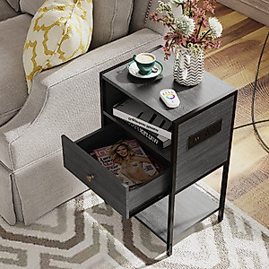 LDTTCUK Nightstand with Charging Station, Modern End Table with Drawer, Bedside Table with Open Storage for Bedroom, Grey