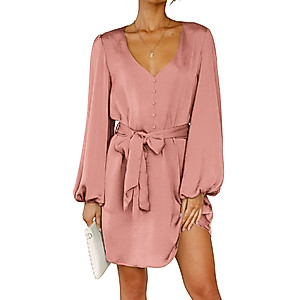 PRETTYGARDEN Women's Spring Long Puff Sleeve Satin Dress V Neck Cocktail Party Belted Short Formal Dresses (Dusty Pink,Medium)