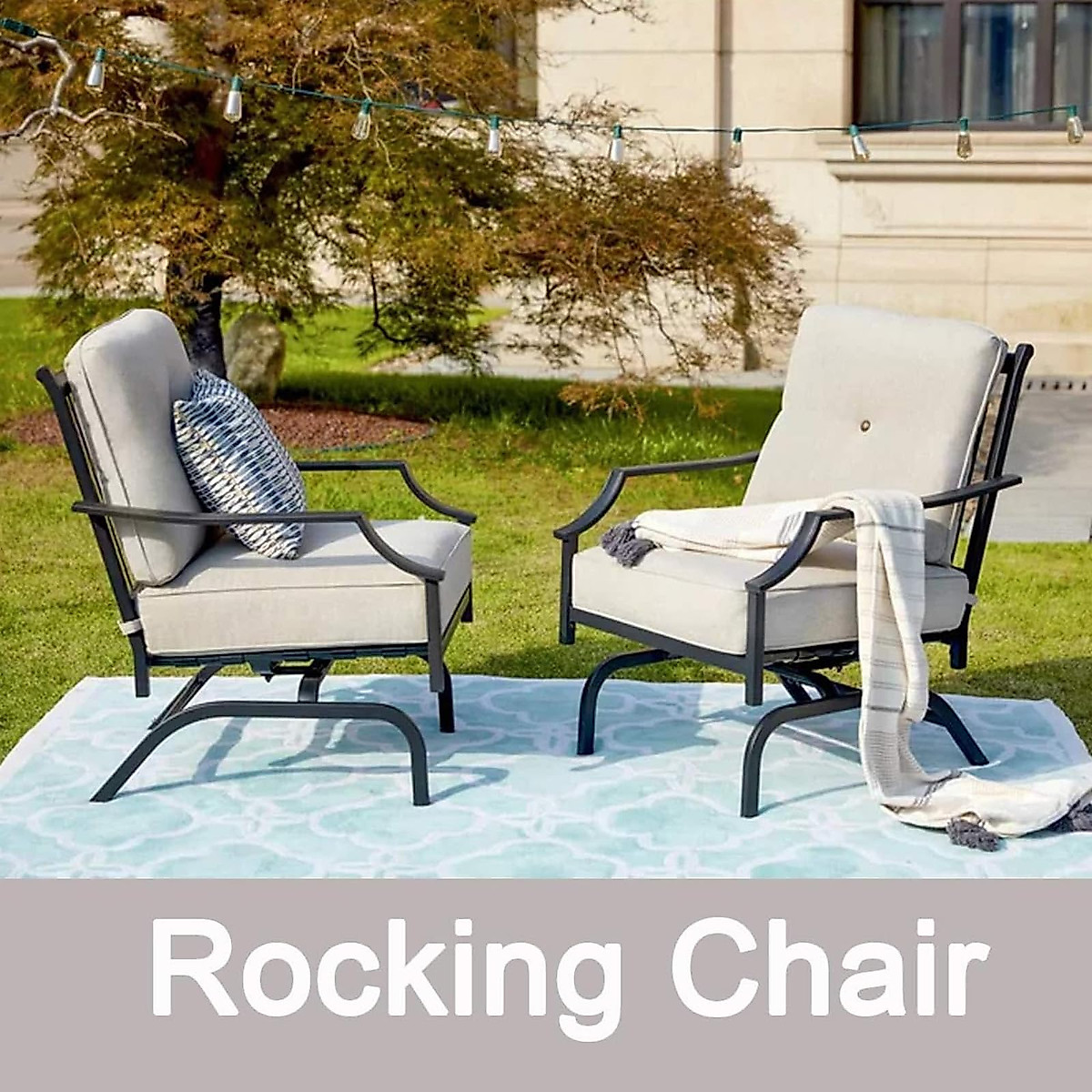 Top Space Rocking Patio Chairs Outdoor Metal Furniture Motion Spring Chair Black Dining Bistro Set with Padded Cushion for Garden Balcony Porch (Beige)