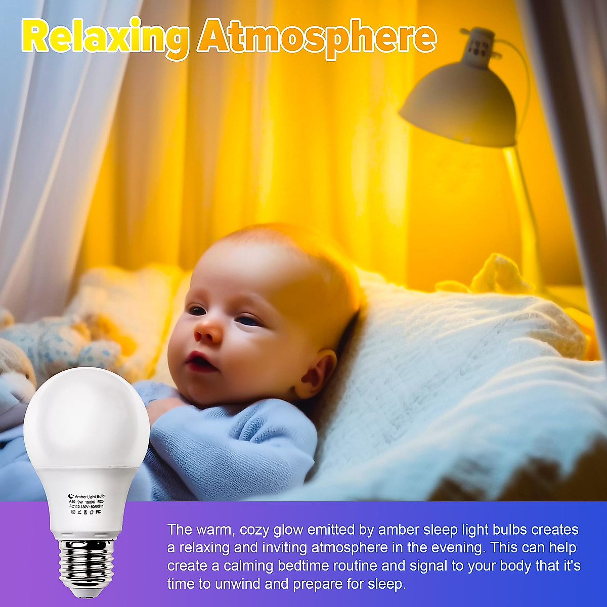 DALUXshop Amber Sleep Light Bulbs, Blue Light Blocking, A19 9W(60 Watt Equivalent) Dim Light Bulbs for Lamp, 1800K Warm Light Bulbs, E26 for Healthy Sleep, Bedroom, Kids Room, 2 Pack