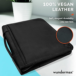 Wundermax Portfolio Binder - 13 x 10.7 x 1.9 Inch, Vegan Leather, 3-Ring Padfolio for Women and Men w/Handle, Zipper, Notepad, Detachable Binder and Pockets for Tablet, Resume and Documents - Black