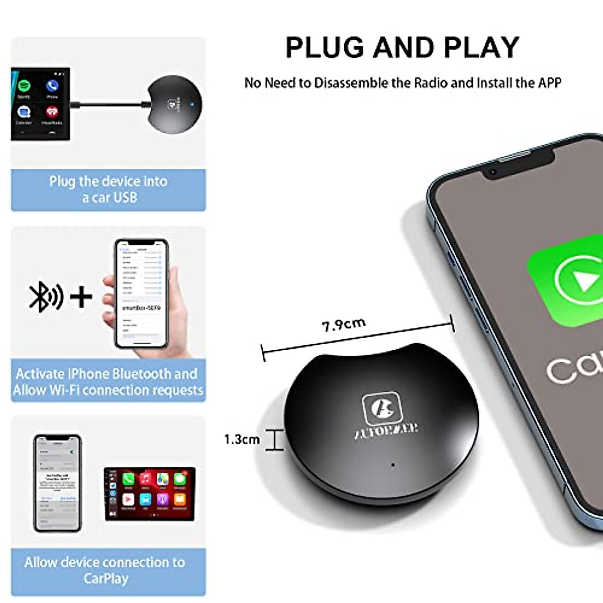 Auformer CarPlay Wireless Adapter, 2023 Newest Wireless CarPlay Adapter for iPhone, Apple CarPlay Wireless Dongle for All OEM Wired CarPlay Cars, 5.8GHz WiFi Plug & Play No Delay Online Update