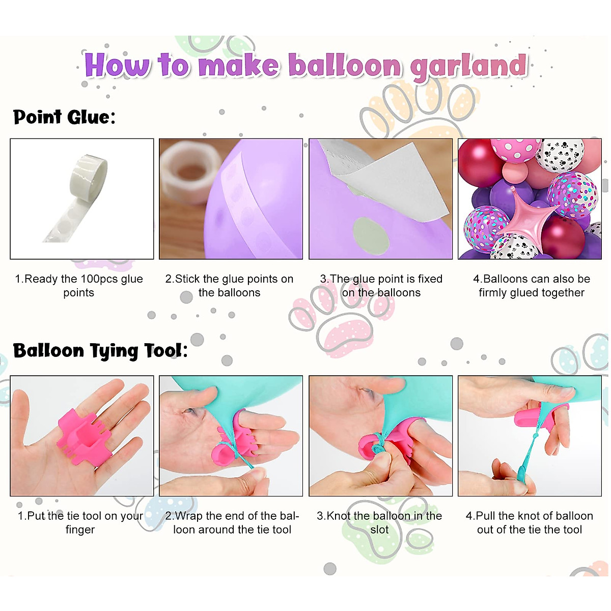 151Pcs Paw Balloons Garland Arch Kit with Dog Bone Paw Print Star Foil Balloons Pink Purple Turquoise Confetti Balloons for Girls Puppy Themed Birthday Baby Shower Party Decorations