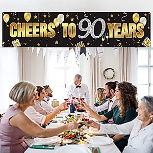 90th Birthday Banner, Happy 90th Birthday Decorations with Cheers to 90 Years, Black Gold Glitter Birthday Sign Backdrop Supplies for 90 Birthday