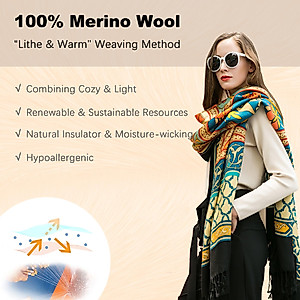 DANA XU 100% Merino Wool Extra Large Pashmina Blanket Travel Scarf Cashmere Wrap for Women Fall Winter Oversize Shawl Floral
