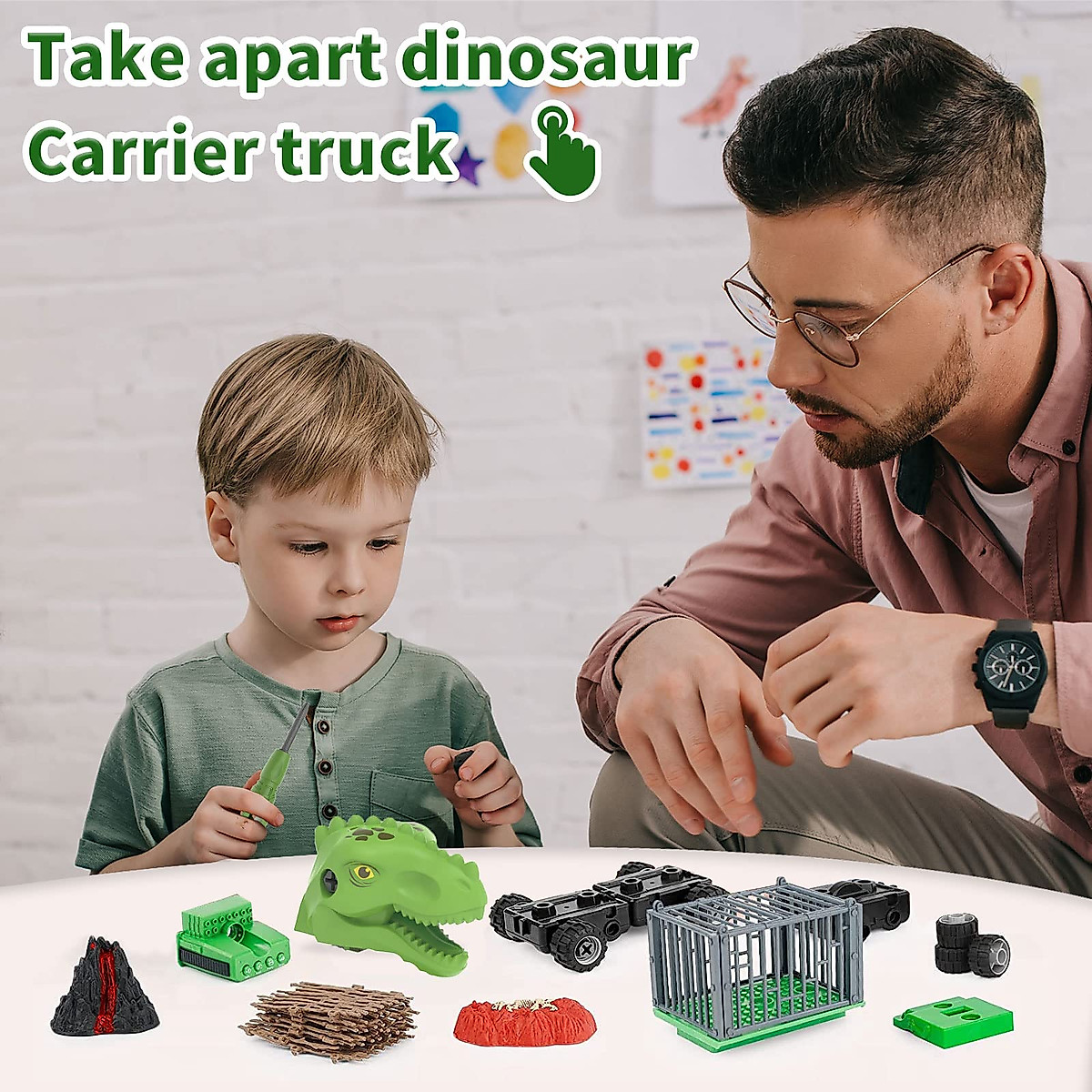 Happytime Snap Dinosaur Truck Toy Transport Carrier for Kids with Play Mat, Lights, Sounds Realistic Dinosaurs, Take Apart Monster Dino Car Truck STEM Toys Christmas Birthday Gift for Boys Grils