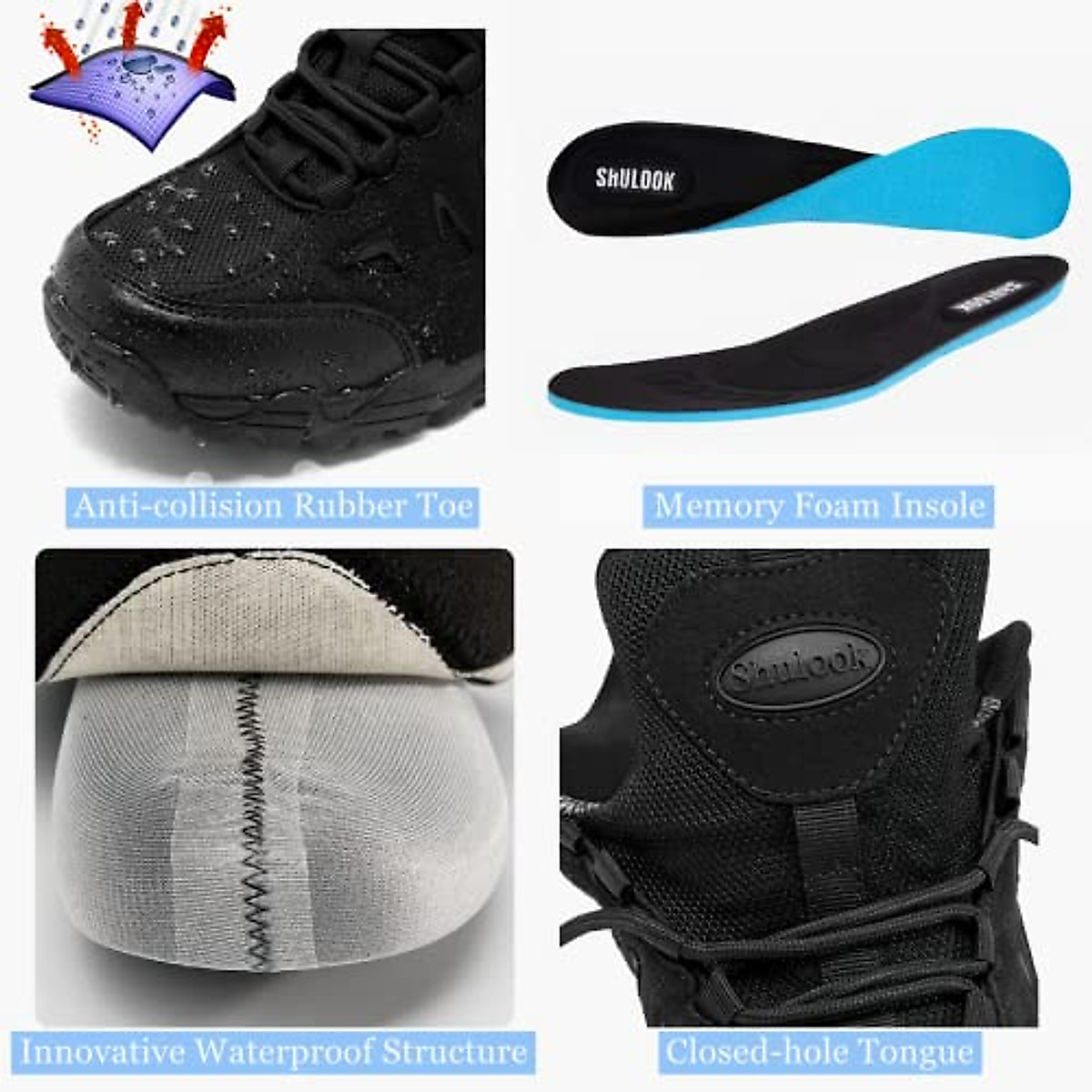 SHULOOK Men's Waterproof Hiking Shoes Lightweight Anti Slip Outdoor Ankle Boots Breathable Hike Trekking Trails Shoe All Black 11