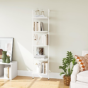 ELYKEN Ladder Shelf, White 5-Tier Wood Wall Mounted Bookshelf with Metal Frame, Modern Open Display Organizer Rack, Leaning Storage Shelves for Living Room, Bedroom, Home Office
