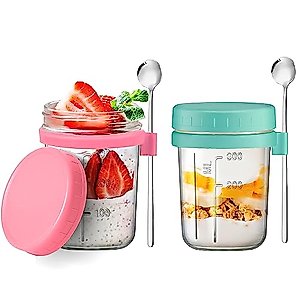 Tekuve Overnight Oats Containers with Lids and Spoon 2 Pack, Glass 16 oz Mason Jars with Airtight Lid for Overnight Oats Meal Prep Chia Yogurt Salad Fruit Pink Green