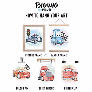 BigWig Prints Cars Poster Set - Cars Room Decor for Boys And Girls, Lightning Mcqueen Room Decor, Wall Art for Kids Bedroom, Sheriff Guido Lightning McQueen Mack Red Mater - 9 Pack (8x10”) Unframed