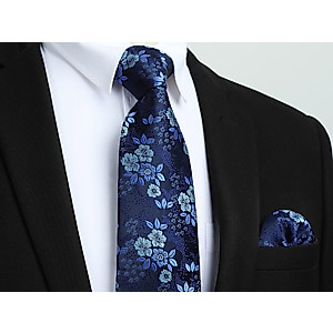 HISDERN Men's Floral Tie Handkerchief Jacquard Woven Classic Men's Necktie & Pocket Square Set,Navy Blue,8.5cm / 3.4 inches in Width