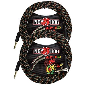 Briskdrop Pig Hog PCH20RAR Rasta Stripes Vintage Instrument Cable, 20ft. Straight-Right Angle - 2 Pack