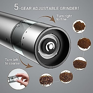 Small Electric Salt and Pepper Grinder Set,USB Rechargeable Salt and Pepper Mill with 5 Adjustable Coarseness Refillable, Stainless Steel One Hand Automatic Pepper Salt Shakers with Wood Base(2 pack)