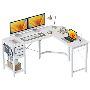 CubiCubi L-Shaped Computer Desk 59.1" with 2 Drawers and Shelves for Storage, Larger Gaming Corner Desk Workstation, Home Office Sturdy Writing Table, Space-Saving, Easy to Assemble, White