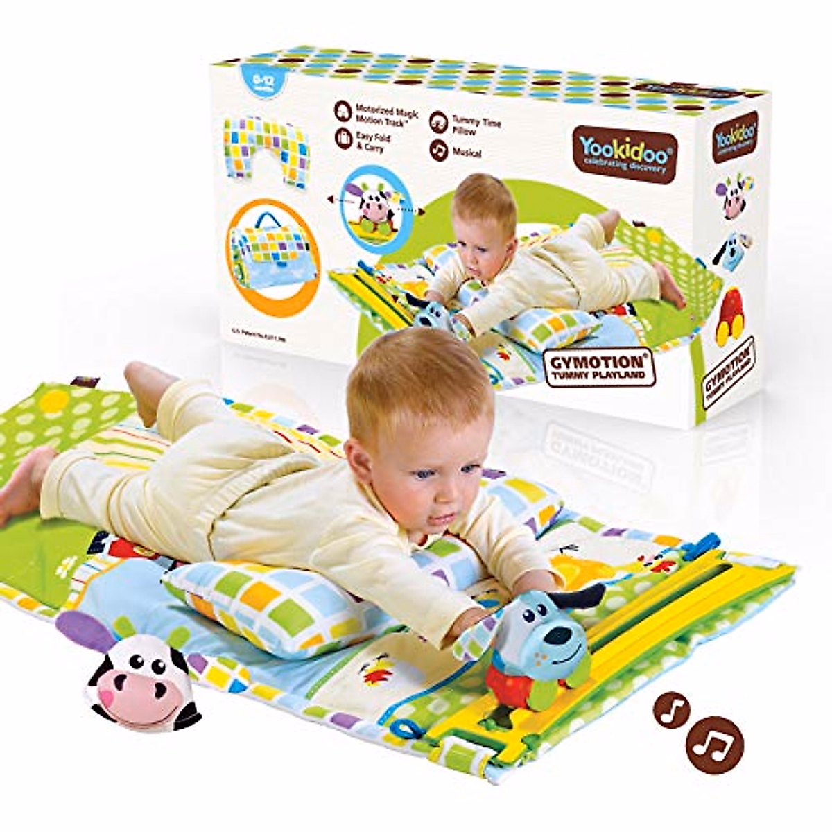 Baby Tummy Time Mat by Yookidoo. Newborn Musical Playmat & Outdoor Gym. Pillow, Teething Toys and Portable Fold-Up Case. 0- 12 months.
