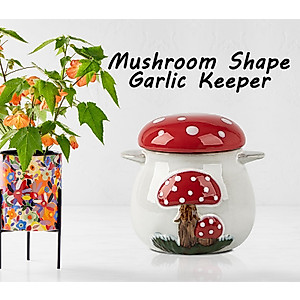 dgudgu Mushroom Garlic Keeper With Ceramic Container for Counter - Red Garlic Holder and Saver