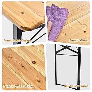 Rainfally 70” 3-Piece Portable Folding Picnic Table Bench Set, Portable Picnic Beer Table w/Wooden Tabletop, Outdoor Foldable Dining Table Set for Party, Picnic, Camping, Patio, Garden, Natural Brown