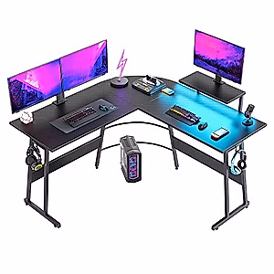 Bestier LED Gaming Desk Carbon Fiber Black L Shaped Computer Desk with Monitor Shelf Corner PC Gaming Table 2 Headset Hooks Home Office L Desk, 20 LED Modes 51 Inch