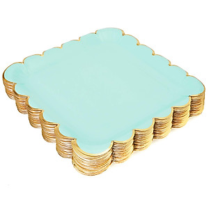 Sparkle and Bash Mint Green Square Paper Plates, Gold Foil Scalloped Edge (9 In, 48 Pack)