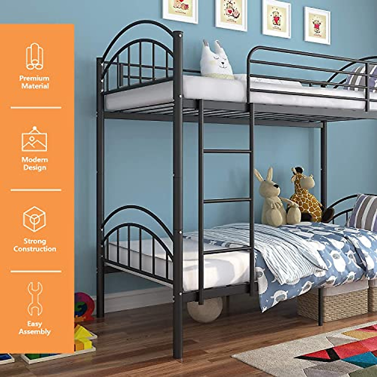 Alohappy Metal Bunk Beds Frame Twin Over Twin, Convertible Into 2 Individual Metal Bed Frame, Removable Ladder & Safety Guard Rail (Black)