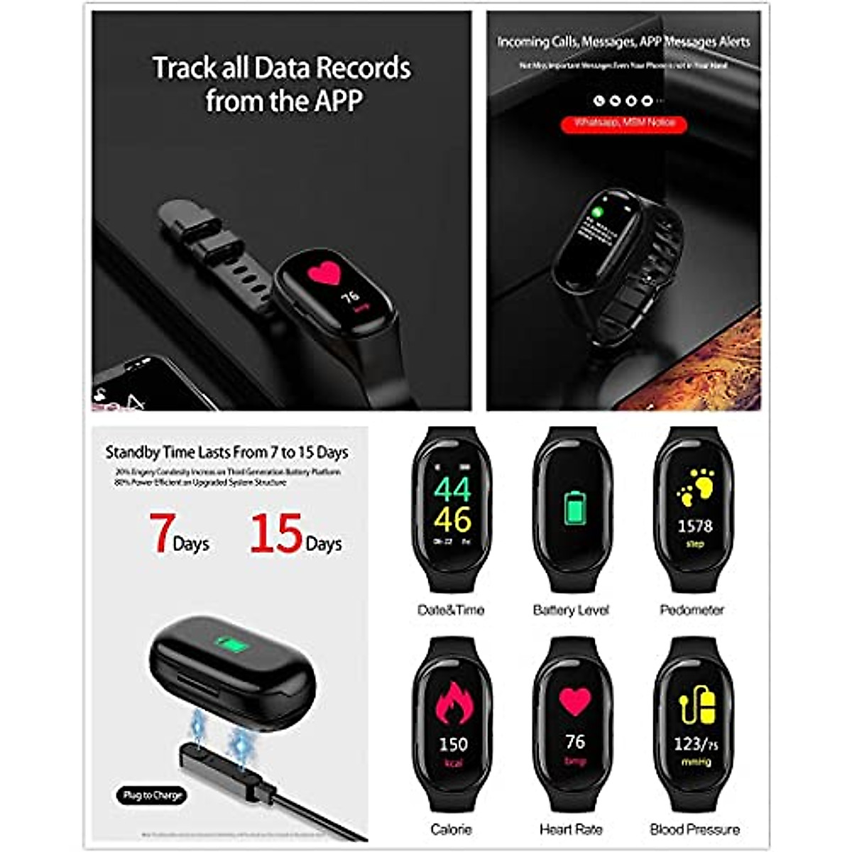 M1 2 in 1 Smart Bracelet Wireless Bluetooth Headset Combo Running Music Wristband Earphone Heart Rate Blood Pressure Fitness Tracker (Black)