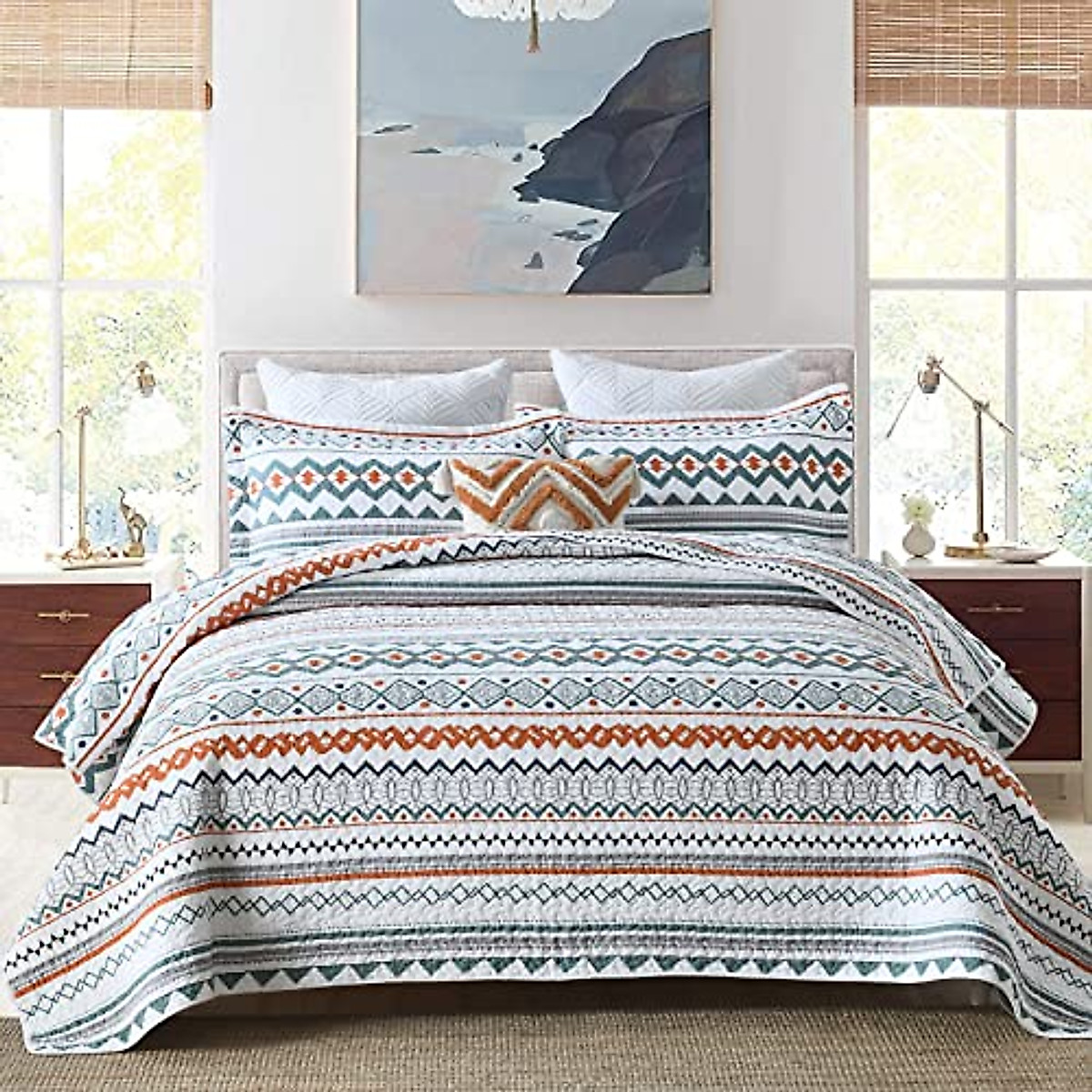 PANGUSHAN Queen Size Quilt Set, 100% Cotton, Reversible Striped Geometric Quilt, Lightweight Comforter, Bohemian Bed Spread, White/Orange/Green
