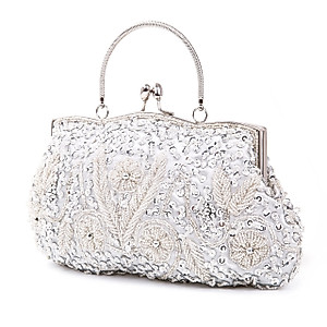 LIFEWISH Women's Evening Bag Beaded Sequin Design Metal Frame Kissing Lock Satin Interior Evening Clutch