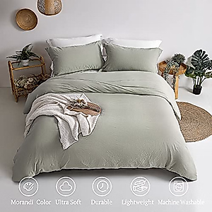 MILDLY Queen Duvet Cover - 100% Washed Microfiber Super Soft October Mist Sage Comforter Cover Set 3 Pieces Bedding Set with Zipper Closure & Corner Ties