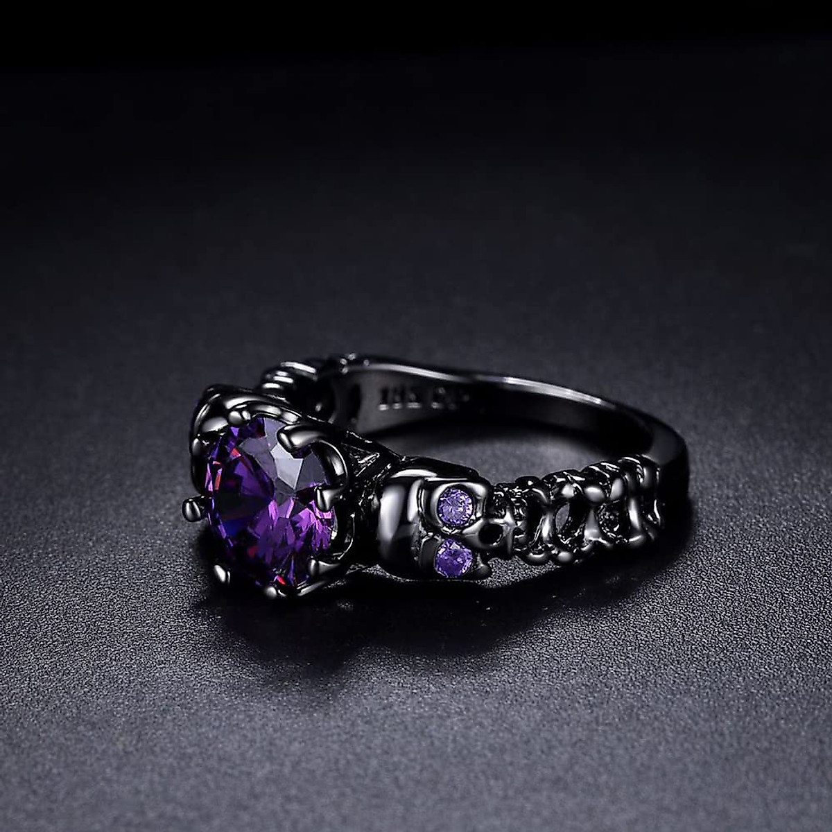 QOBEBOTA Cool Size 9 Black Gold Skull Statement Rings Purple Amethyst Ring Vampire Ring Gothic Band Rings Halloween Gifts Goth Jewelry Stainless Steel Rings for Women