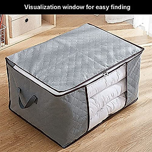 Large Storage Bags, 3 Pack Clothes Storage Bins Foldable Closet Organizers Storage Containers with Durable Handle Thick Fabric , 3 Size Of Under Bed Storage, Foldable With Sturdy Zipper, Clear Window, for Comforters, Blankets, Bedding, 90L (Gray)