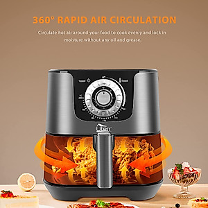 Uten 5.8 Quart Air Fryer, 1700W Hot Oven Oilless Cooker,Non-Stick Fry Basket, Manual Air Fryer with Timer Knob and Temperature Knob, Black
