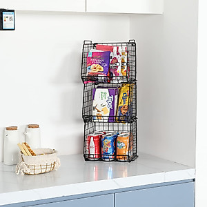 X-cosrack Stackable Pantry Baskets Household Food Storage Organizer with Handles 3 Pack, Foldable Snack Rack Stand with Open Front Stacking Farmhouse Bins for Countertop Cabinets Kitchen