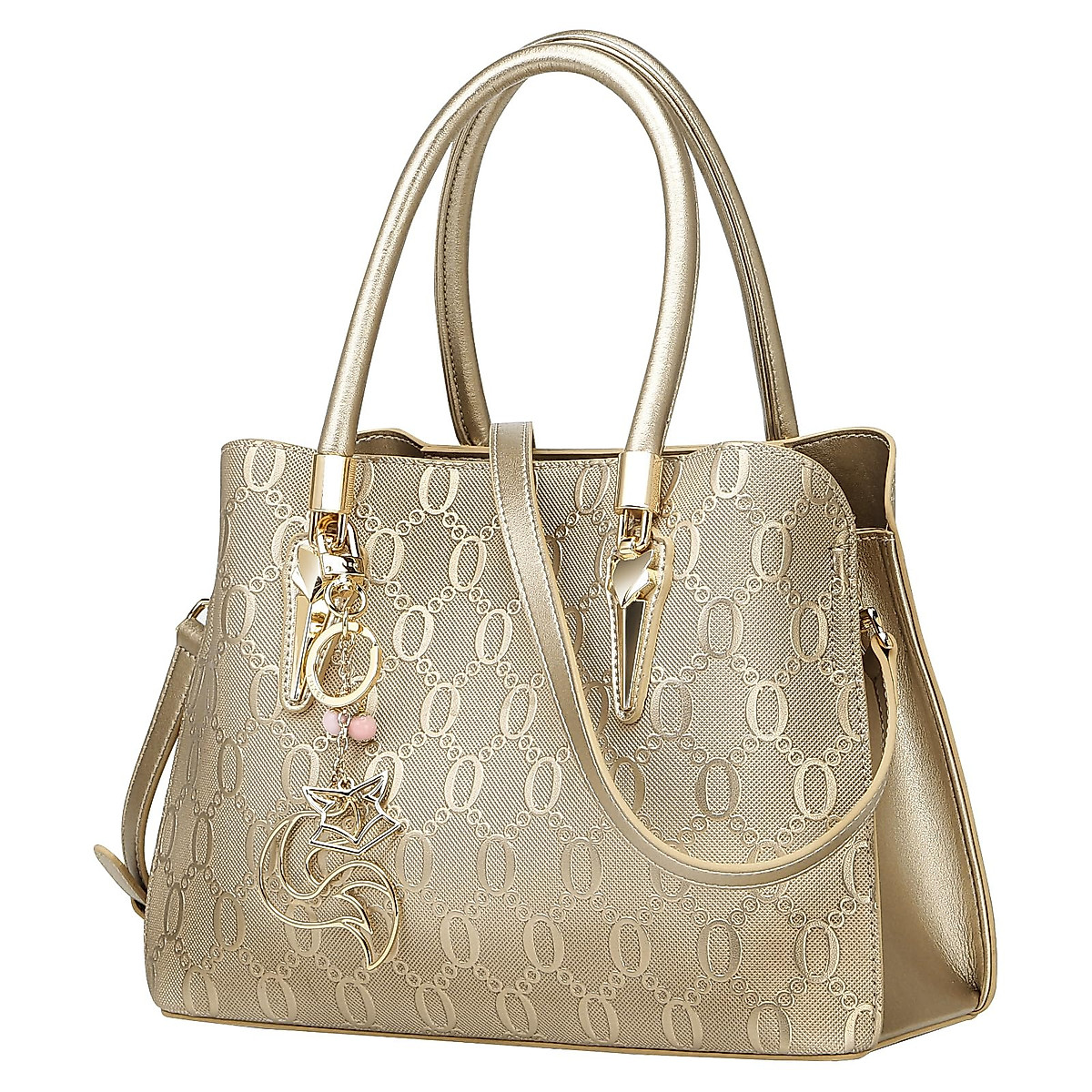 FOXER Designer Chain Pattern Tote Bag with Adjustable Strap and Top Handle - Cow Leather Ladies Handbag with Lock in Gold