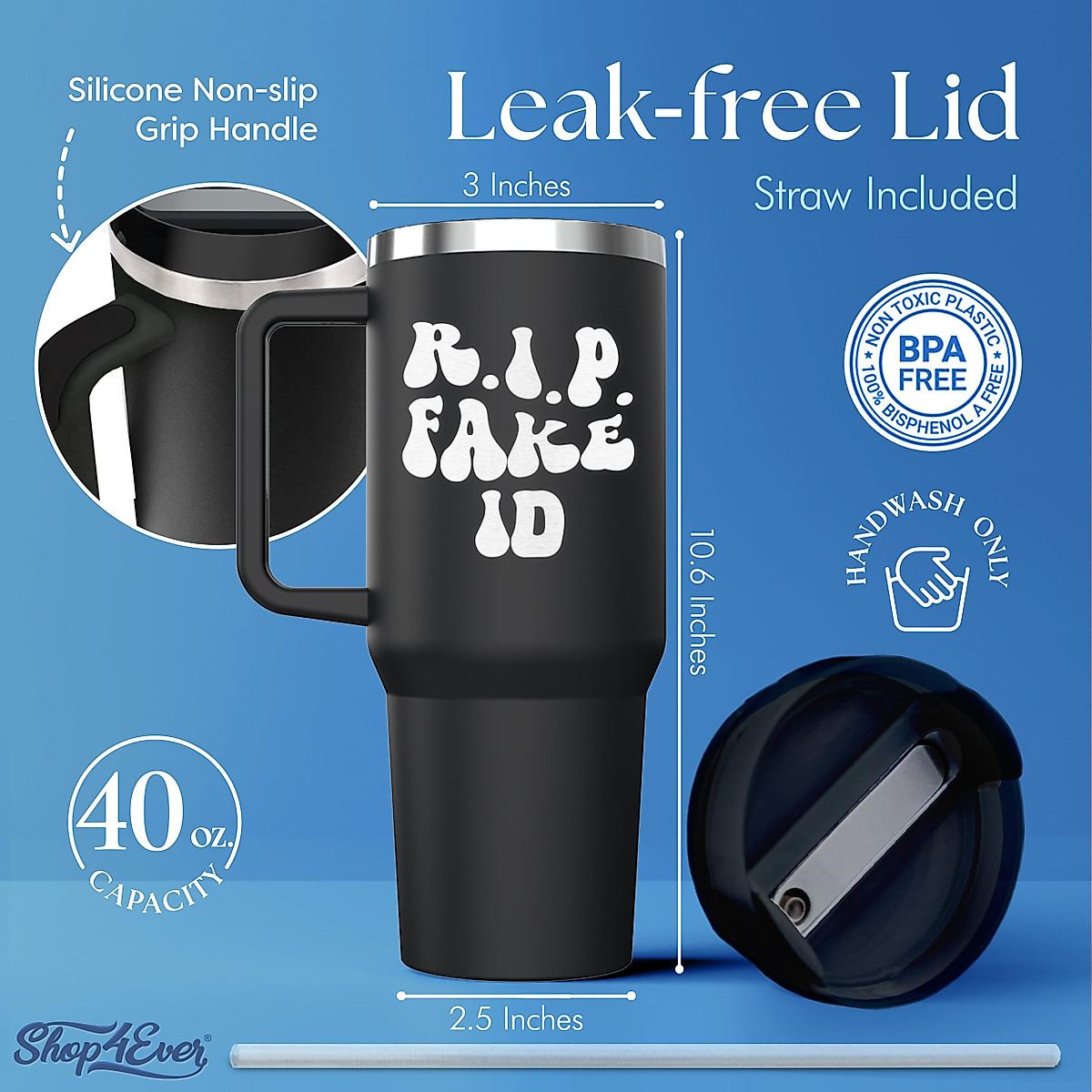 shop4ever RIP Fake ID 21 Twenty One Engraved Insulated Stainless Steel Tumbler with Handle, Lid, and Straw 40 oz. 21st Birthday Gift (Black)