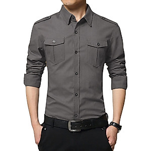 Men's Long Sleeve Button Down Shirts Turn-Down Collar Slim Fit Shirt Stylish Business Tactical Shirts with Pockets (Grey,6X-Large)