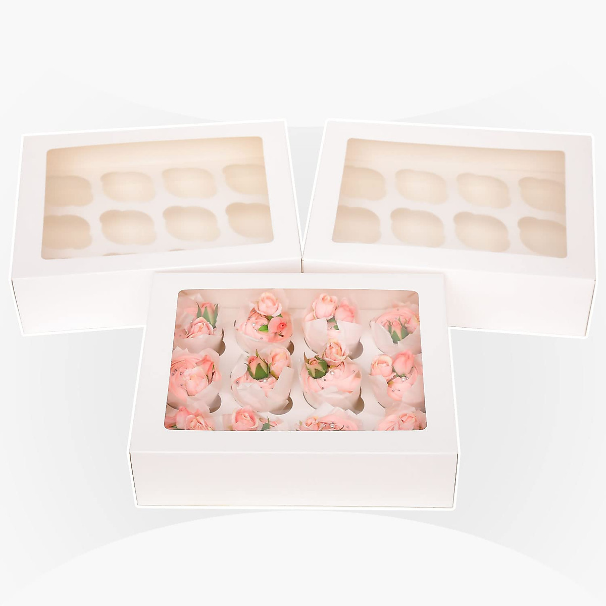 12 Cupcake Containers 12-Packs White Cupcake Box Cupcakes Carrier, 12 Cupcake Boxes with Window 13"x10"x3.5"（Auto-pop up）
