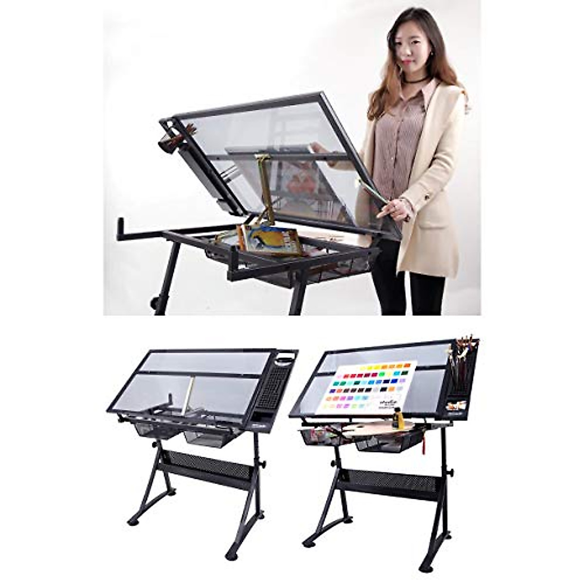 VejiA Drafting Table with Storage, Height Adjustable Tiltable Art Desk, Glass Panel Drawing Desk, for Work Study Painting Craft Table