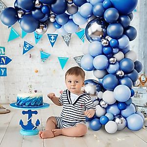 RUBFAC 144pcs Blue Balloons Arch Garland Kit, 18/12/10/5 Inch Blue White and Silver Party Balloons Silver Confetti Latex Balloons for Birthday Wedding Baby Shower Deorations