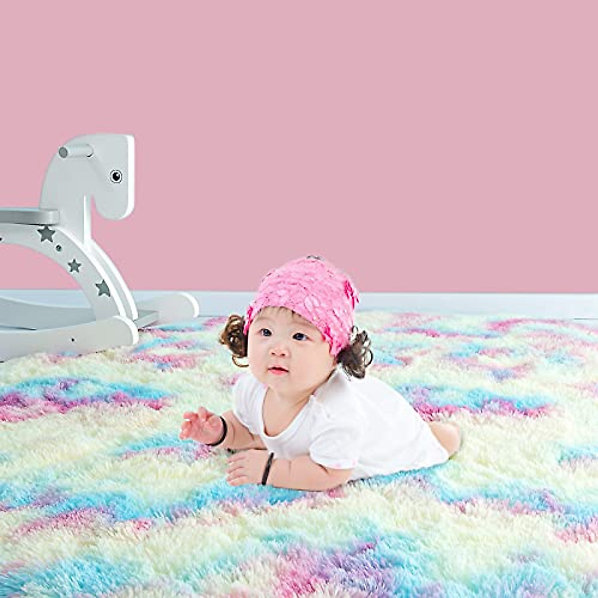 ST. BRIDGE Soft Round Rainbow Rug for Girls Room, Fluffy Circle Rug for Kids Room Decor, Indoor Modern Anti-Skid Fuzzy Nursery Mats, Shaggy Fur Area Rugs for Living Room Bedroom Plush Carpet, 4 Feet