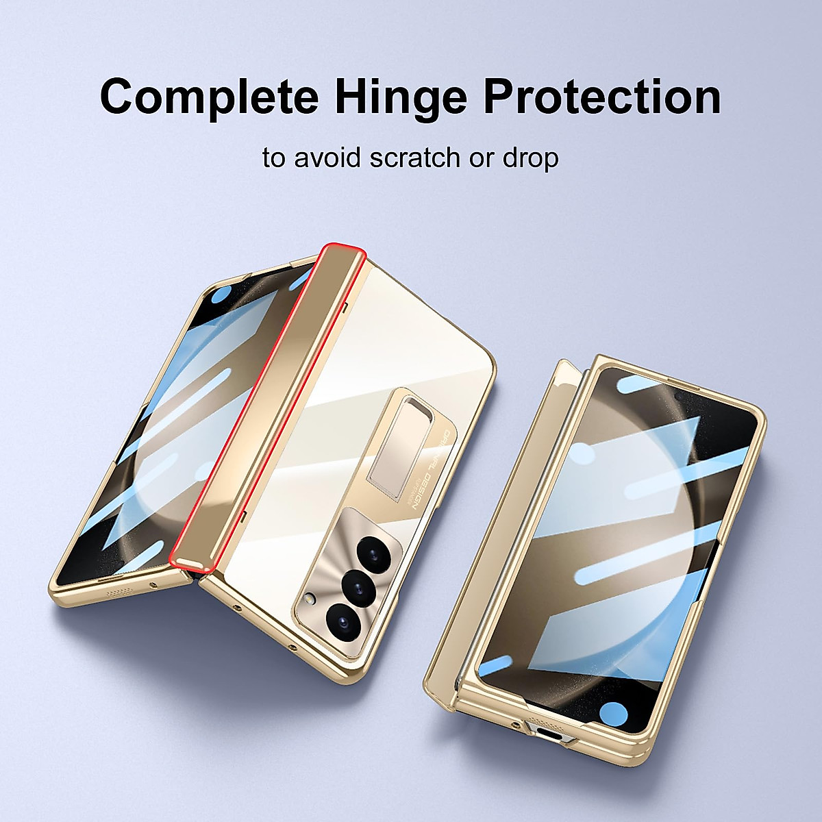 Libeagle Compatible with Samsung Galaxy Z Fold 5 Case, Non-Yellow Clear Back, Electroplated Frame, Full Hinge Protection, Screen Protector, Magnetic Stand, Thin and Slim Phone Cover 5G 2023, Gold