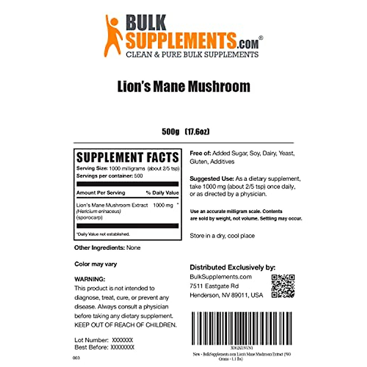 BULKSUPPLEMENTS.COM Lion's Mane Mushroom Extract Powder - Herbal Extract Supplement for Immune Support - Gluten Free - 500mg per Serving, 1000 Servings (500 Grams - 1.1 lbs)