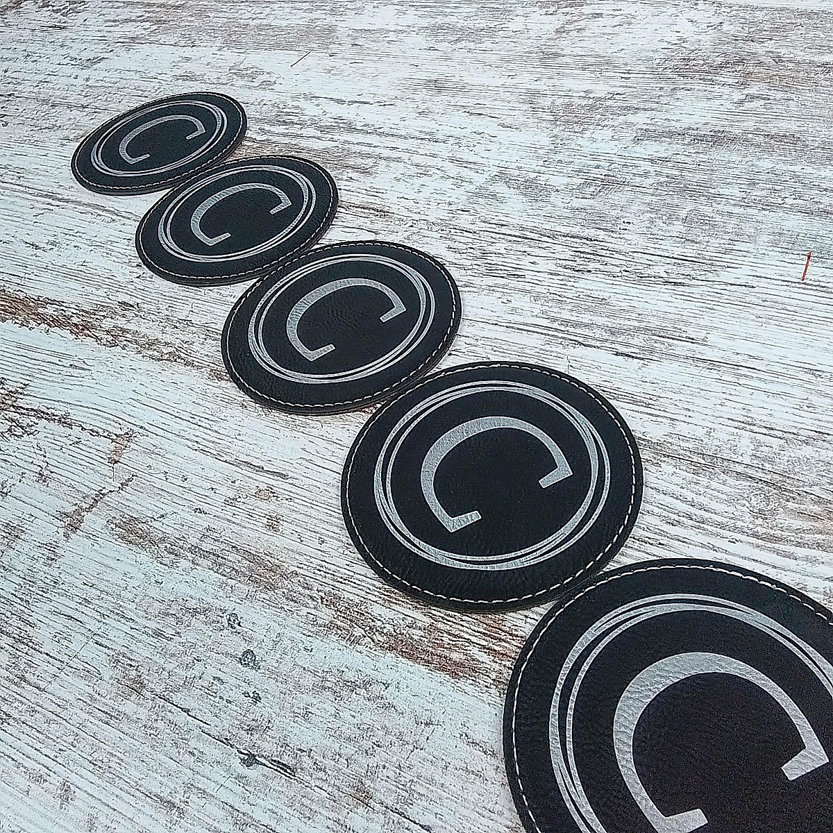 Round Handmade Coasters - Personalized Coasters Set of 6 - Custom Engraved Barware Decorations - Leather Bar Decor - Man Cave Father's Day Present (Black/Silver)