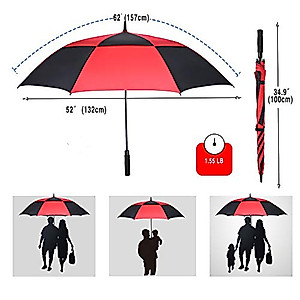 Baraida Golf Umbrella Large 62/68/72 Inch, Extra Large Oversize Double Canopy Vented Windproof Waterproof Umbrella, Automatic Open Golf Umbrella for Men and Women and Family(62 inch, Red Black)