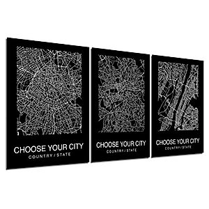 Custom Map Wall Art Print Poster 3 Pieces City Map Street Black & White