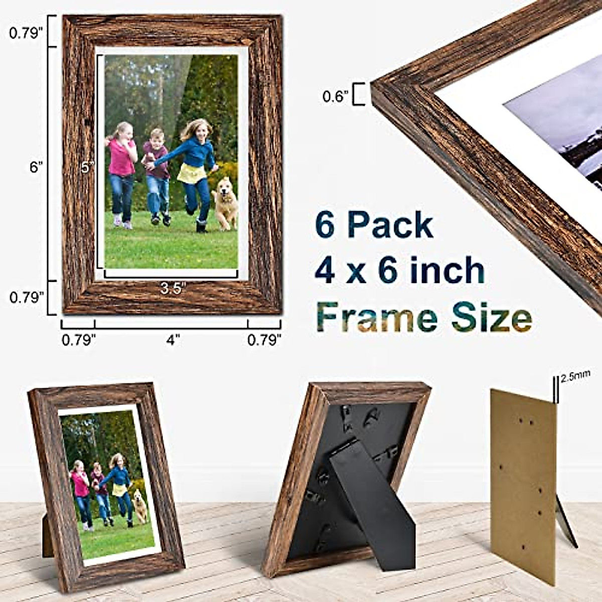 BEYAHELA 4x6 Picture Frame Set of 6, Rustic Farmhouse 4 x 6 Frame Bulk with Mat, Distressed Wooden Photo Frame for Table Top Display and Wall Mounting Rustic Picture Frame With HD Glass (Brown)