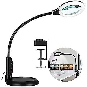 TOMSOO 5X Magnifying Glass with Light and Clamp, 5 Color Modes Stepless Dimmable Lighted Magnifier with Stand, Flexible Gooseneck LED Desk Lamp Hands Free for Craft Reading Painting Hobby Close Work